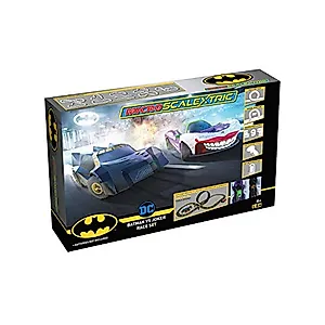 Scalextric Micro Scalextric Justice League Batman vs Joker Battery Powered 1:64 Slot Car Race Track Set G1155T ,Black