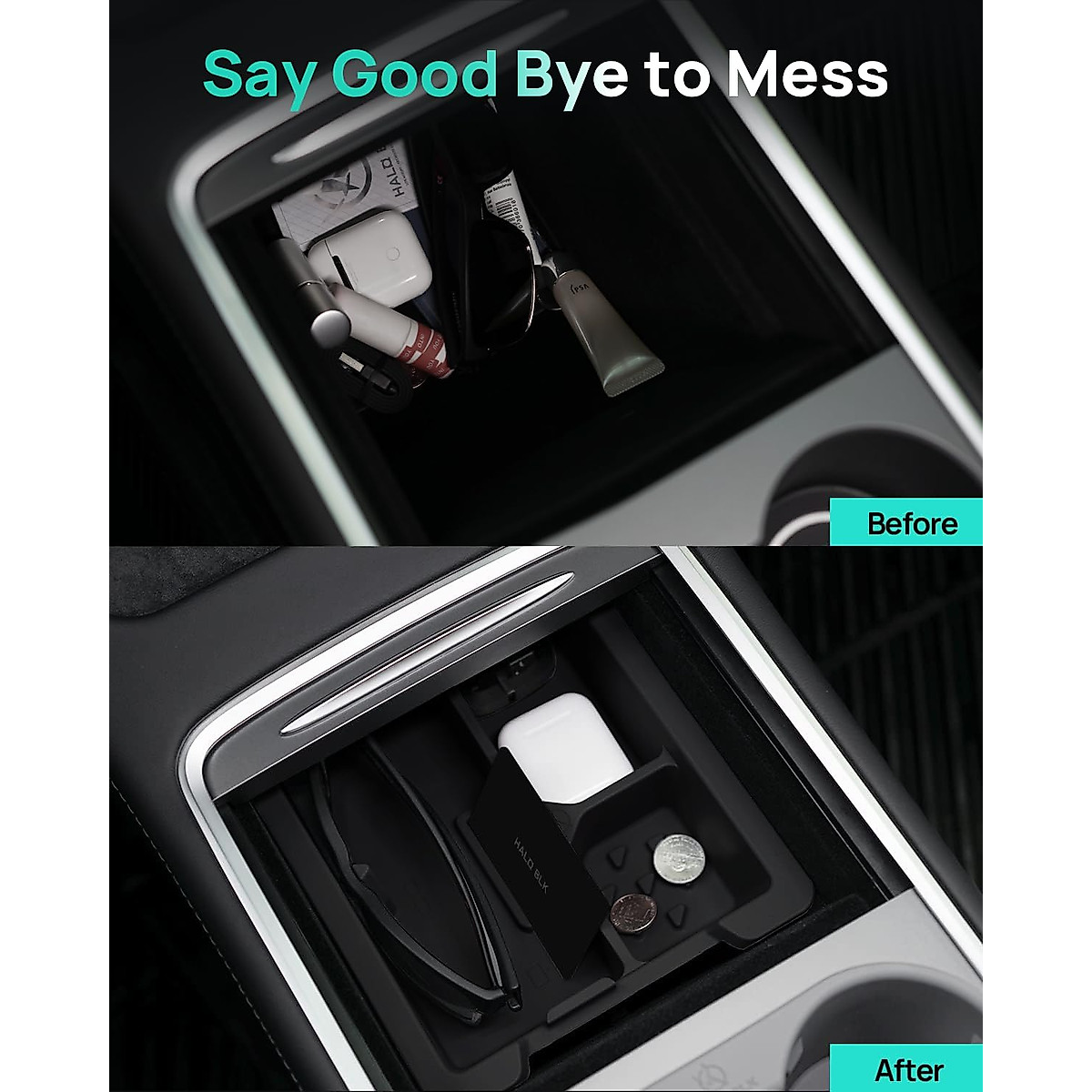 HALOBLK Center Console Organizer Tray, Two-Tier Removable Design Compatible with Tesla Model 3 (2021-2023) Model Y (2021-2024) [Not Compatible with 2024-2025 Model 3 Refresh & 2025 New Model Y]