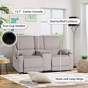 YOCONYO Loveseat Recliner, RV Reclining Loveseat, Home Theater Seating, Manual Loveseat with Console, 4 Cup Holders, 2-Seater Recliner Sofa, RV Furniture for Travel Trailers, Livingroom (Light Grey)