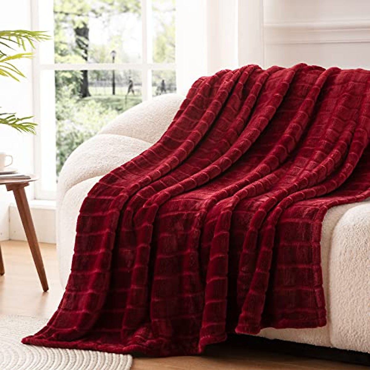 Bertte Plush Throw Super Soft Fuzzy Warm Blanket | 330 GSM Lightweight Fluffy Cozy Luxury Decorative Stripe Blanket for Bed Couch - 50"x 60", Burgundy