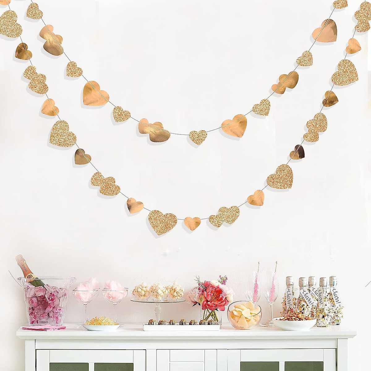 40Ft Champagne Gold Heart Banner Double Sided Paper Garland Heart Hanging Streamer for Wedding Birthday Anniversary Bachelorette Engagement Bridal Baby Shower Valentines Hen Christmas Party Decoration