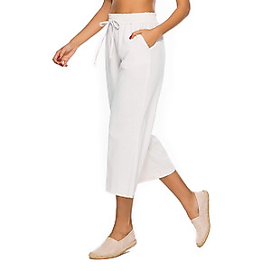 LNX Womens Linen Pants High Waisted Wide Leg Drawstring Casual Loose Trousers with Pockets (Medium, White)