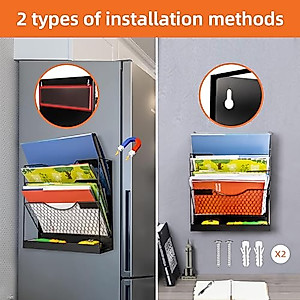 FIROK Magnetic File Holders, 4 Tier Magnetic Paper Holders for Office File Cabinet,Refrigerator, Whiteboard, No Drilling Installation Magnetic Mail Holder Basket Storage Folder Holder,Black