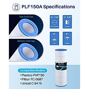 POOLPURE PLF150A Pool Filter Replaces Pentair CC150, CCRP150, PAP150, Ultral-C4, PP-C4, PP-C4-M, Unicel C-9415, R173216, 59054300, Filbur FC-0687, 160317, 160355, 160352, L x OD: 31 1/8" x10 1/16"