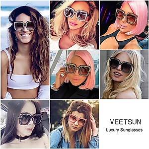 MEETSUN Elton Square Rhinestone Sunglasses Oversized Diamond Bling Bling Glasses -(Pink)