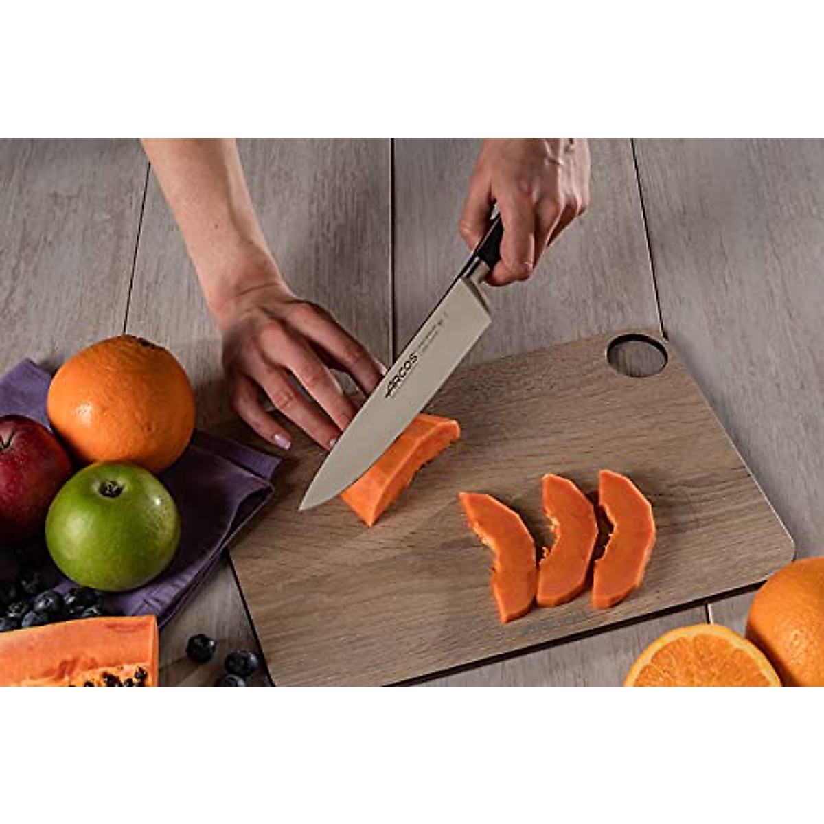 ARCOS Chef Knife 8 Inch Stainless Steel. Professional Cooking Knife for Cutting Fish, Meat and Onion. Ergonomic Polyoxymethylene Handle and 200mm Blade. Series Riviera. Color Black