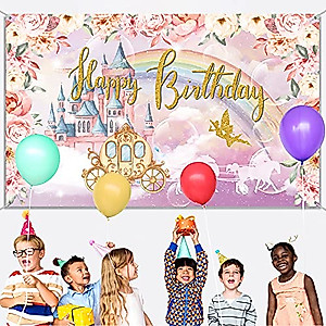 Princess Birthday Party Decorations Supplies Princess Theme Backdrop Background Banner for Girl Birthday Party Favor Gold and Pink Royal Castle Carriage Crown Floral Photography Booth Cake Table Decor