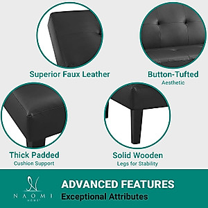 Naomi Home Button Tufted Futon Sofa Bed, Faux Leather Futon Couch, Modern Convertible Folding Sofa Bed Couch with Wooden Legs, Reclining Small Couch Bed, Futon Bed for Living Room, Dorm Black