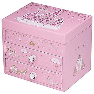 BEAUDORA Jewelry Music Box Wooden Pink Princess Dream Castle Storage Organizer Chest Girls Gift For Alice Melody