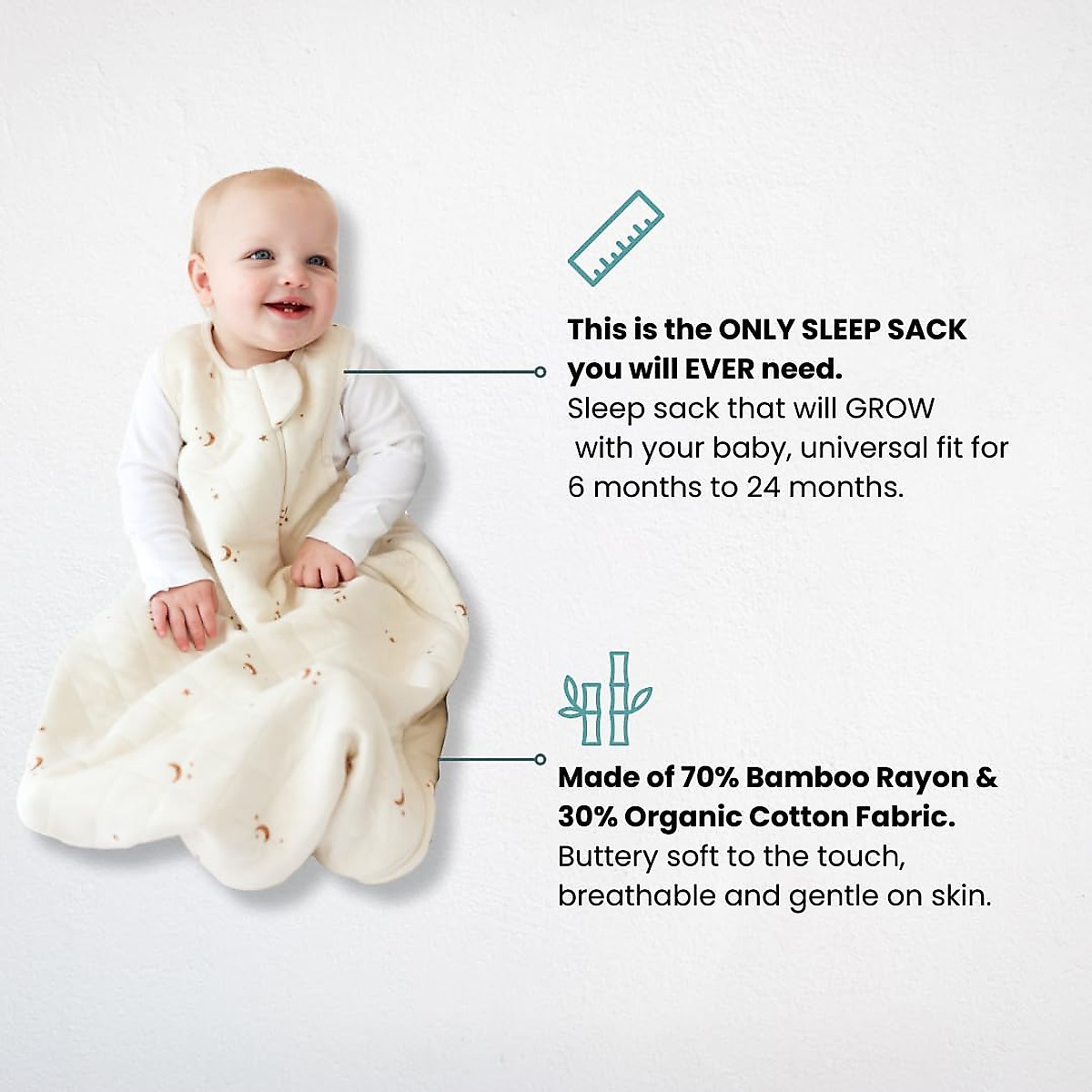 Tealbee Dreambag: Rayon made from Bamboo, Organic Cotton Baby Sleep Sack Universal Fit 6-24 months - 1.2 TOG All Season Baby Wearable Blanket - 2-way zipper - Moons and Stars