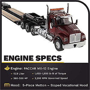 Diecast Masters Kenworth T880 SFFA Tractor Truck - Red | Day Cab with XL 120 Low-Profile HDG Trailer | Outrigger Style with Jeep & 2 Boosters | 1:50 Scale Model Semi Trucks | Diecast Model 71061