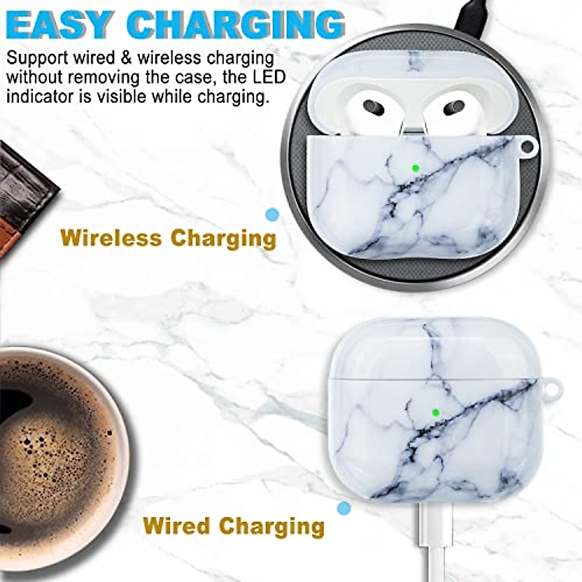 Marble Airpods 3 Case 2021 - YOMPLOW Protective Hard Case Cover Skin Portable Shockproof Women Girls with Keychain for Apple Airpod 3rd Generation Charging Case - White Marble