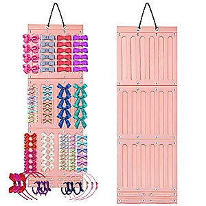 Globalstore Baby Hair Accessories Storage, Bow Holder Baby Headband Holder Organizer Hanging Hair Clips Storage Hanger with 21 Detachable Felt Ribbons for Baby Girl Hair Ties, Soft Pink