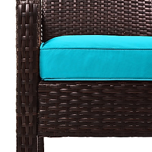 EMKK Furniture 6 pcs Outdoor Patio Sectional Couch PE Wicker Rattan Sofas Set Dining Table with Removable Cushions and Tempered Glass Tea for Backyard, Poolside, Deck, Brown, E-Blue