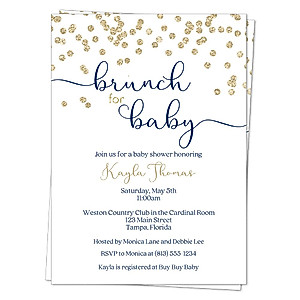 Brunch for Baby Invitations Shower Sprinkle Invites Navy Blue Gold Confetti Mimosa Champagne Glitter Sparkly Boys Printed Cards (12 count)