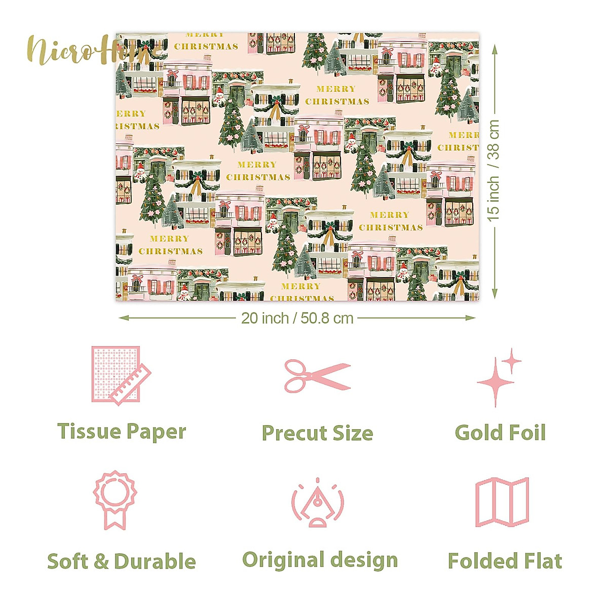 NICROHOME EUR 24 Sheets Christmas Tissue Paper, Sage Green Pink Tissue Wrapping Paper with Christmas Tree House Snowman Socks Pattern, Small Gifts Wrapping Paper for Xmas Crafts Gifts (15 X 20 Inch)
