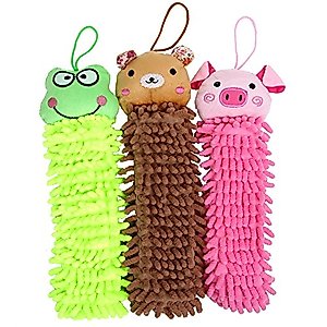 Gulilasa Chenille Fiber Hand Towel 3 in 1 Set Cute Cartoon (Bear tan-Frog Green-Pig Pink)