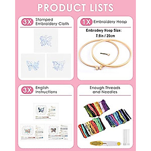 Butterfly Flower Embroidery Stitch Practice kit, 3 Sets Beginners Embroidery Kit for Beginners Include Embroidery Cloth Hoops Threads for Craft Lover Hand Stitch with Embroidery Skill Techniques