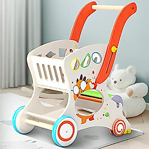 Kids Shopping Cart Wooden Baby Walker Baby Push Learning Walker for Kids Adjustable Handle Height