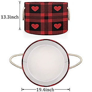 Red Check Plaid Valentine's Day Large Round Baskets for Storage Laundry Baskets with Handles Blanket Storage Basket for Bathroom Shelves Bins for Organizing Nursery Hamper Girl Boy