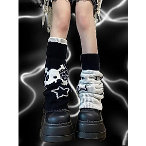 heyheyshine Y2k Star Skull Print Two Side Wear Knitted Leg Warmers Socks Punk Girls Japanese Kawaii Streetwear Leg Cover