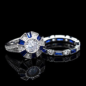 Uloveido Women's Platinum Plated Baguette Cut Blue Cubic Zirconia 2 Pcs Engagement Wedding Band Stacking Rings Set Gift (Size 6) RJ497