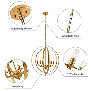 Hanging Lamp , Chandeliers,Gold Pendant Lights for Kitchen Island, Modern 6 Lights Globe Pendant Light Fixtures, Adjustable Orbits Ring Hanging Light, Farmhouse Ceiling Lights for Dining Room Bedroom