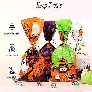 YNGRUE Halloween Cellphane Candy Bags, 100 Pcs Halloween Plastic Clear Treat Bags, Clear Plastic Trick or Treat Bags for Candy Cookie Goodies with Twist Ties for Halloween Party Supplies (7 colors)