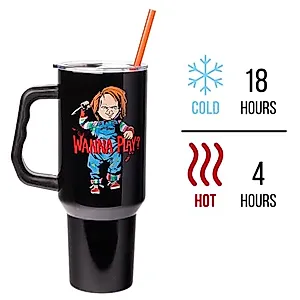 Silver Buffalo Chucky Holding Knife Wanna Play Spooky Scary Stainless Steel Tumbler with Handle and Straw, Fits in Standard Cup Holder, 40 Ounces