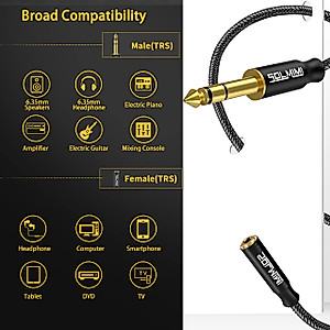 SOLMIMI Headphone Adapter 3.5 to 1/4, 1.5 Meters Nylon Braid 3.5mm to 1/4 Adapter, Lossless Stereo Headphone Jack Adapter for Amplifier Mixer Guitar Piano Speaker or More - (Black, 4.92 FT)