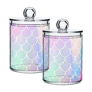2 Pack Qtip Holder Dispenser for Cotton Ball Rainbow Scales Mermaid Cotton Swab Cotton Round Pads Clear Plastic Acrylic Jar Set Bathroom Canister
