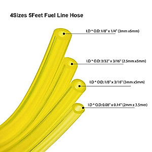 Fuel Line Hose Small Engine Tube (4 Size / Each 5 Feet) I.D. x O.D. 3/32" x 3/16" 1/8" x 3/16" 1/8" x 1/4" .080" x .140" for Zama Poulan Weedeater Craftsman Husqvarna Trimmer Chainsaw Blower Ferilter