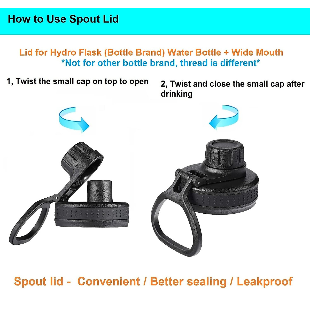 Spout Lid Compatible with Hydro Flask Wide Mouth Water Bottle 12 16 18 20 32 40 oz, Top Replacement Lid with Twist Cap (Black)