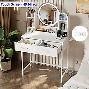 HDDDZSW Vanity Desk with Mirror and Lights, Make up Vanity Desk with Charging Station and 2 Drawers, Dressing Table with 3-Lighting-Modes Makeup Mirror, White Vanity Makeup Table for Bedroom