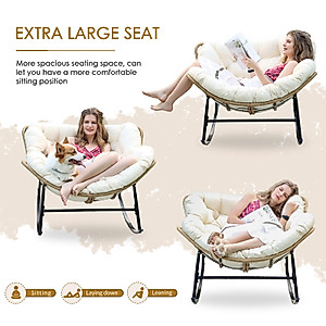 NICESOUL® Indoor Outdoor Rocking Chair with Cushion, Oversized Patio Papasan Rocking Chair, Water Resistant Egg Royal Rocking Chair 450Lbs Sturdy Comfy Recliner Large Lounging Chair (Beige, 1 PC)