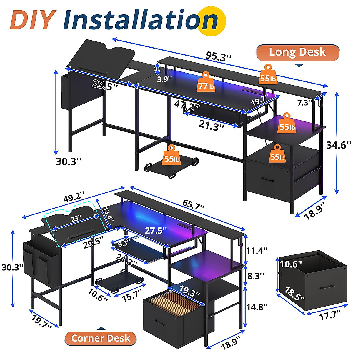 UPOSOJA L Shaped Gaming Desk with Keyboard Tray, Adjustable Drafting Table, Reversible Home Office Desk with Storage, Power Outlet LED Light File Cabinet Monitor Stand Printer Space (Black)