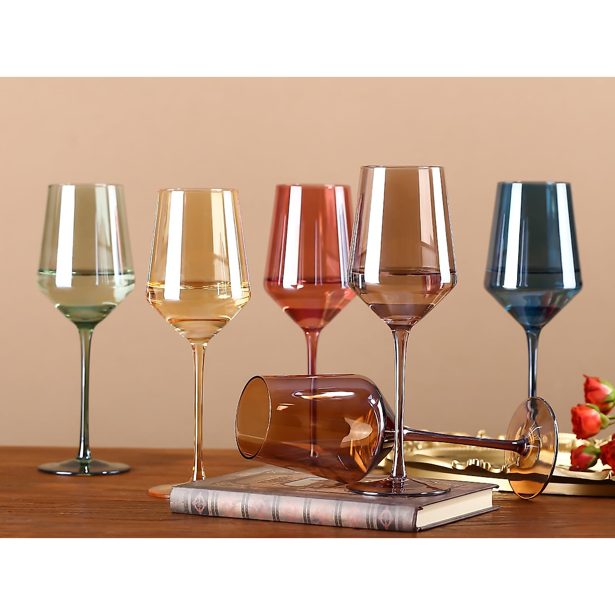 comfit Colored Wine Glasses Set of 6-15 oz, Unfading Color, Hand-blown Wine Glasses - Gifts for Wine Lovers, Thanksgiving Christmas Gifts for Women