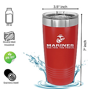 United States Marine Corps 20oz Travel Tumbler- Stainless Steel Red Coffee Mug with Acrylic Lid- Military Gear, Ideal Gift for Armed Services Veteran, Active Duty Marine- For Office, Home, Auto