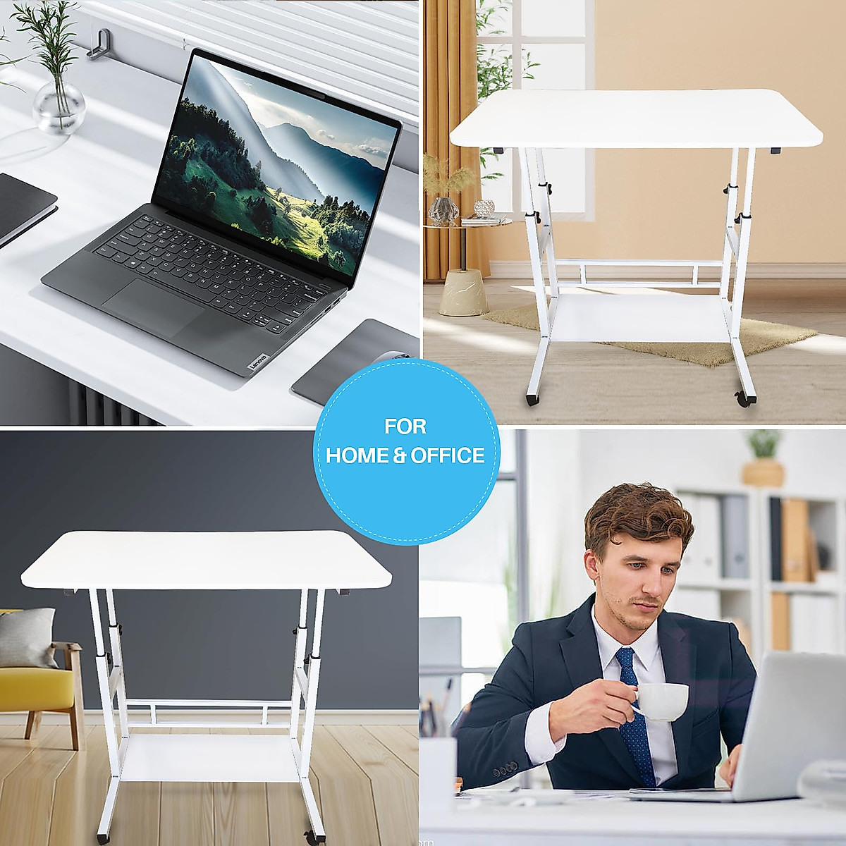 BEFOCL 31.5 Inches Mobile Home Office Desk, Adjustable Height Computer Desk, Double Support Bar Reinforced Design Single Small Desk,Children's Study Table(31.5in, White)