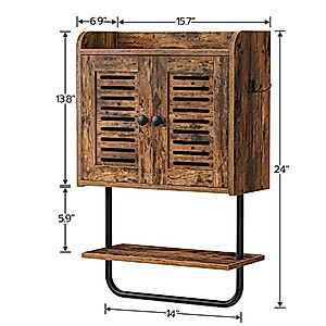 HOOBRO Medicine Cabinet, Double Doors Bathroom Wall Cabinet with Towel Bar, Adjustable Shelf, 2 Hooks, Over The Toilet Storage Cabinet, for Bedroom, Kitchen, Rustic Brown BF46CW01