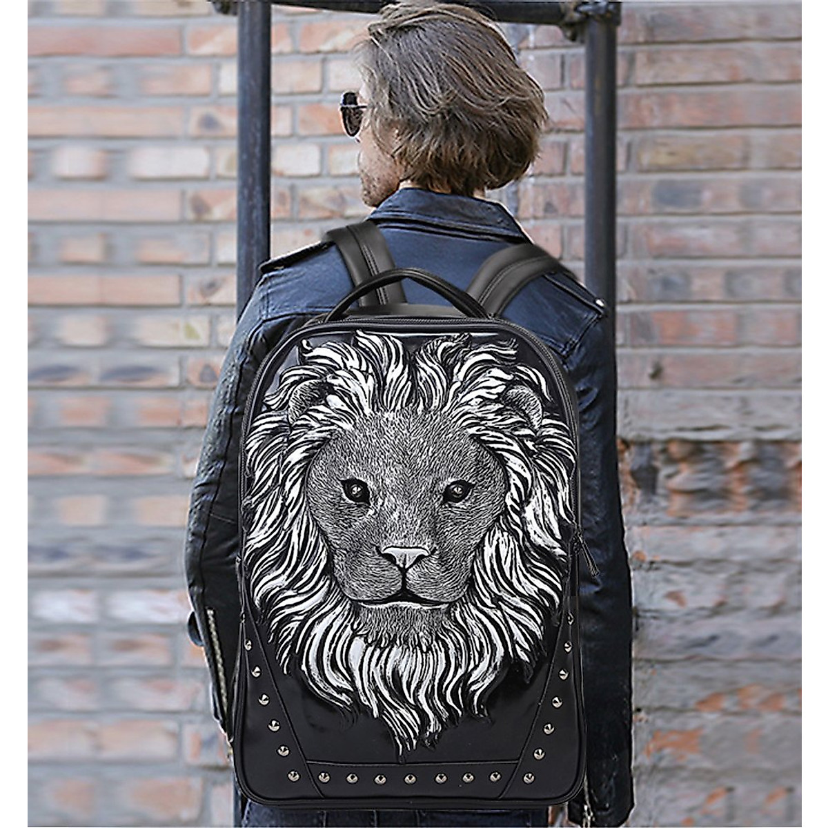 3D Animal Head Backpack, Studded PU Leather Cool Laptop Backpack College Bookbag (Lion-Black) One Size