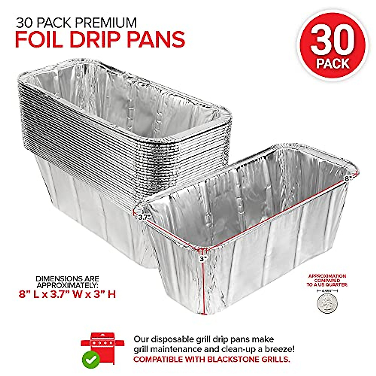 Stock Your Home Foil Grill Drip Pan (30 Pack) Compatible with Blackstone's 28”, 30”, & 36” BBQ Griddle + 17” & 22” Tabletop Range- Disposable Aluminum Oil Catcher Tray, Blackstone Grease Cup Liners