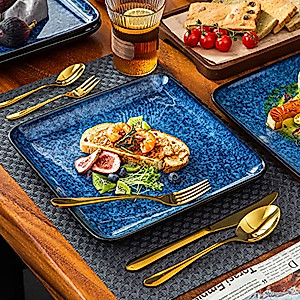 vancasso Stern Square Plate Set of 4, 10.5 Inch Dinner Plate, Reactive Change Glaze Blue Serving Plate