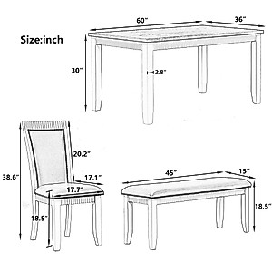 KLMM Rustic Solid Wood 6-Piece Dining Table Set with PU Leather Upholstered Chairs and Bench,for DiningRoom LivingRoom Kitchen Use (Natural Wood Wash@PU Leather)