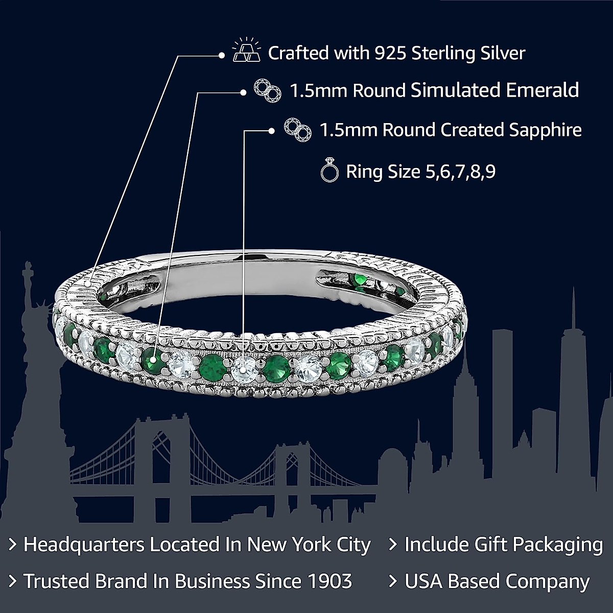 Gem Stone King 925 Sterling Silver Green Simulated Emerald and White Created Sapphire Ring | Anniversary Wedding Band Ring For Women | 0.48 Cttw | Available In Size 5, 6, 7, 8, 9