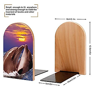 Exquisite Printed Bookends,Funny Dolphin Ocean Sea Sky Heavy Duty Wood + Metal Book Ends Supports Desktop Books Organizer Book Cds Storage for Office School Library Home