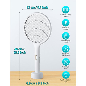 YISSVIC Electric Fly Swatter 4000V Bug Zapper Racket Dual Modes Mosquito Killer with Purple Mosquito Light Rechargeable for Indoor and Outdoor Home Office Backyard Patio Camping (1 Pack)