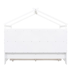 Harper & Bright Designs Full Size House Bed with Trundle, Wood Full House Bed with Storage Shelves, Full Montessori Bed for Kids with Roof for Girls, Boys,Brushed White