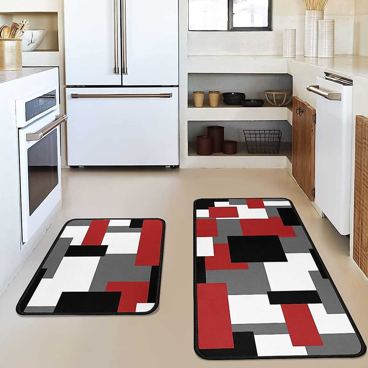 Red Black White Geometric Patterns Kitchen Rugs and Mats Set of 2,Modern Decoration Style Kitchen Mat Non-Slip Absorbent Mats for Sink Waterproof Runner Rug for Laundry Room 17x30+17x48inch