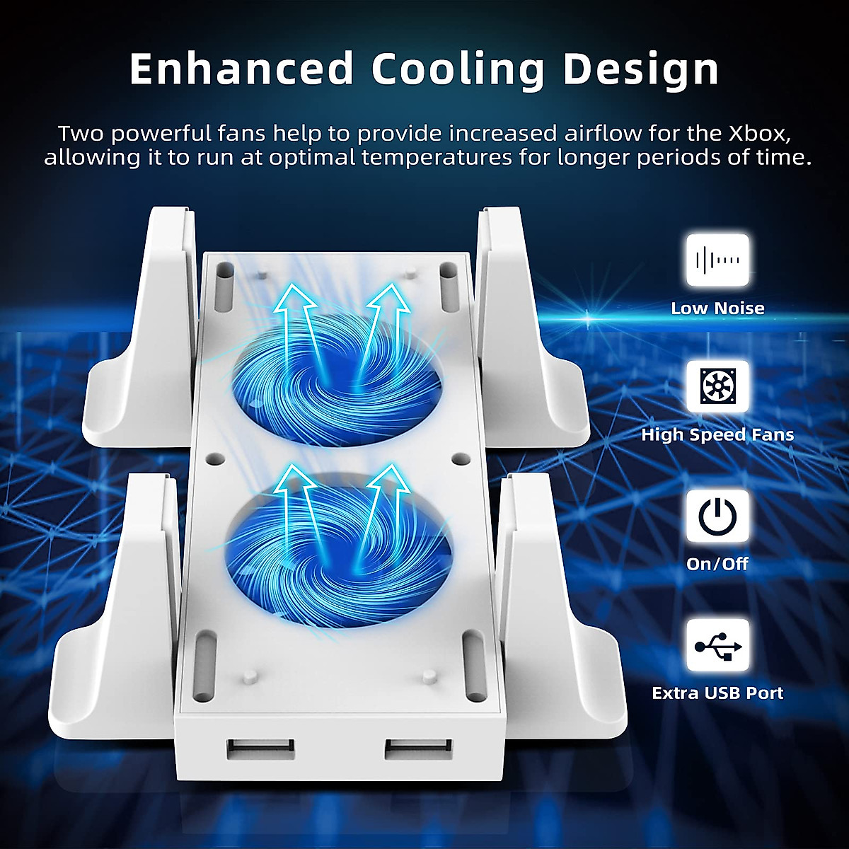 NexiGo Vertical Stand with Cooling Fans for Xbox Series S Console, 3 Levels Adjustable Fans Rotate Speed with Type-C Power Input, USB Charging and Data Transmission Ports, White